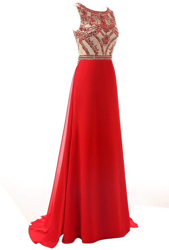 Red Long Prom Dress Handmade Beading Chiffon Red Formal Evening Gowns ...
